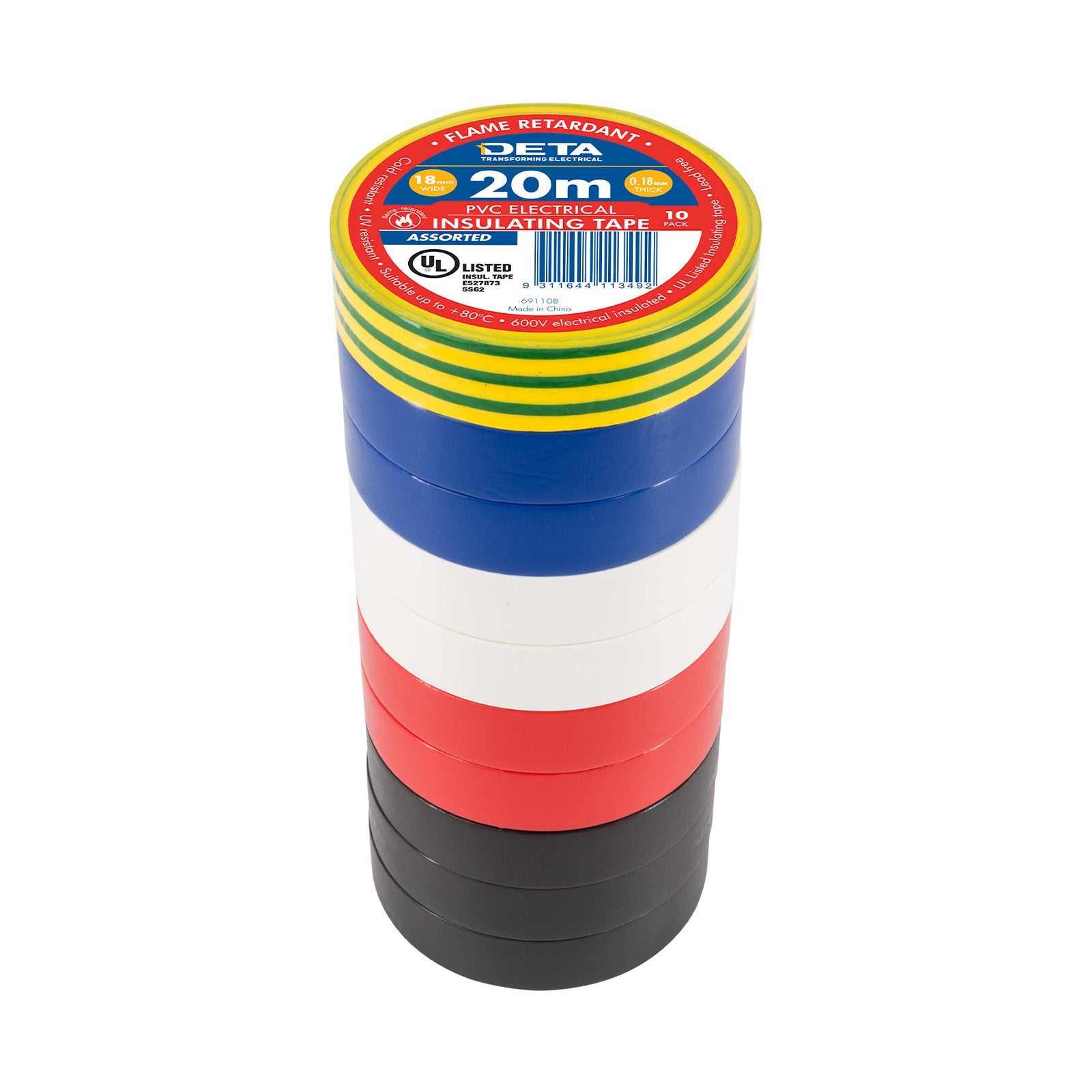 DETA 20m x 18mm Assorted Flame Retardant PVC Tape - 10 Pack