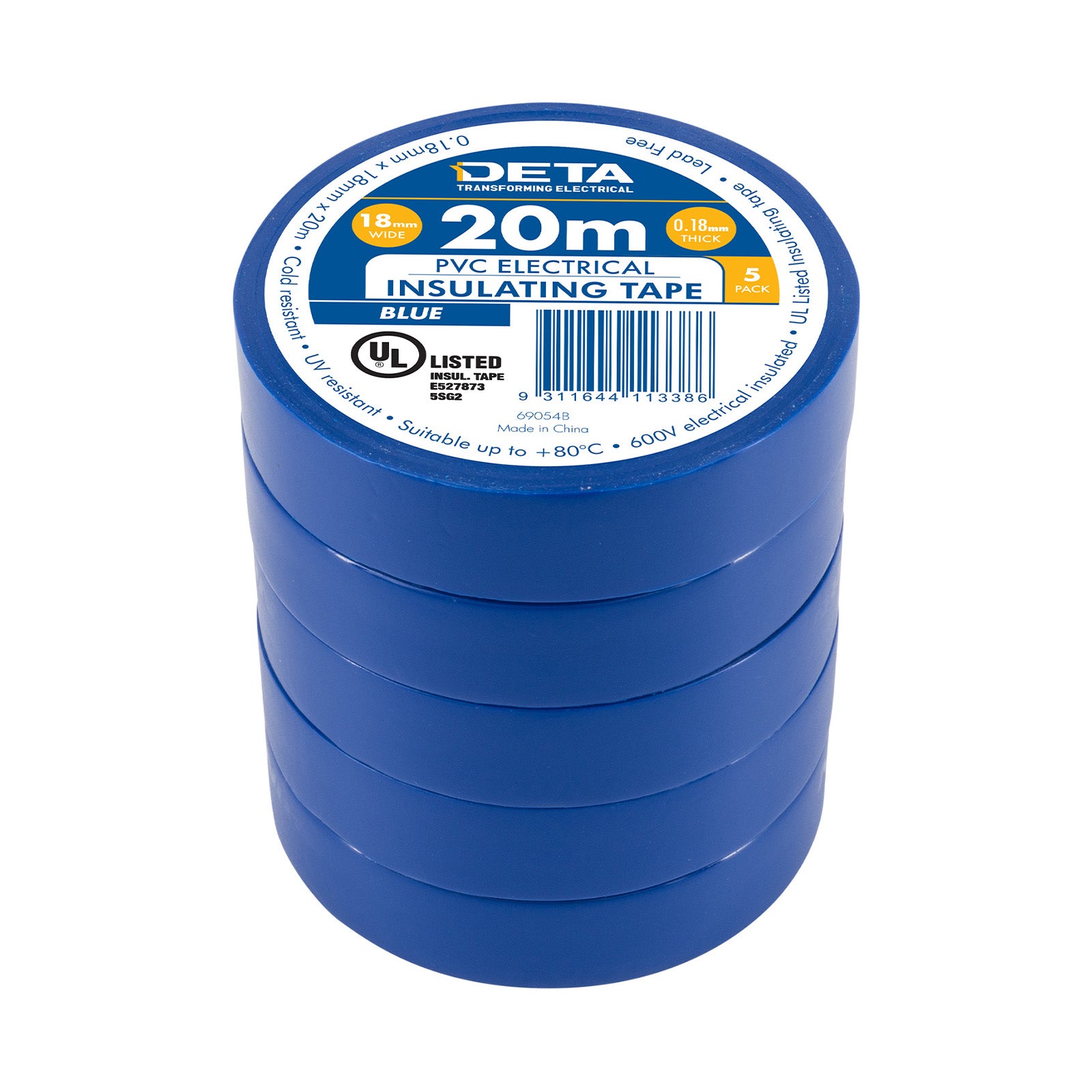 DETA 20m x 18mm Blue Insulation PVC Tape - 5 Pack