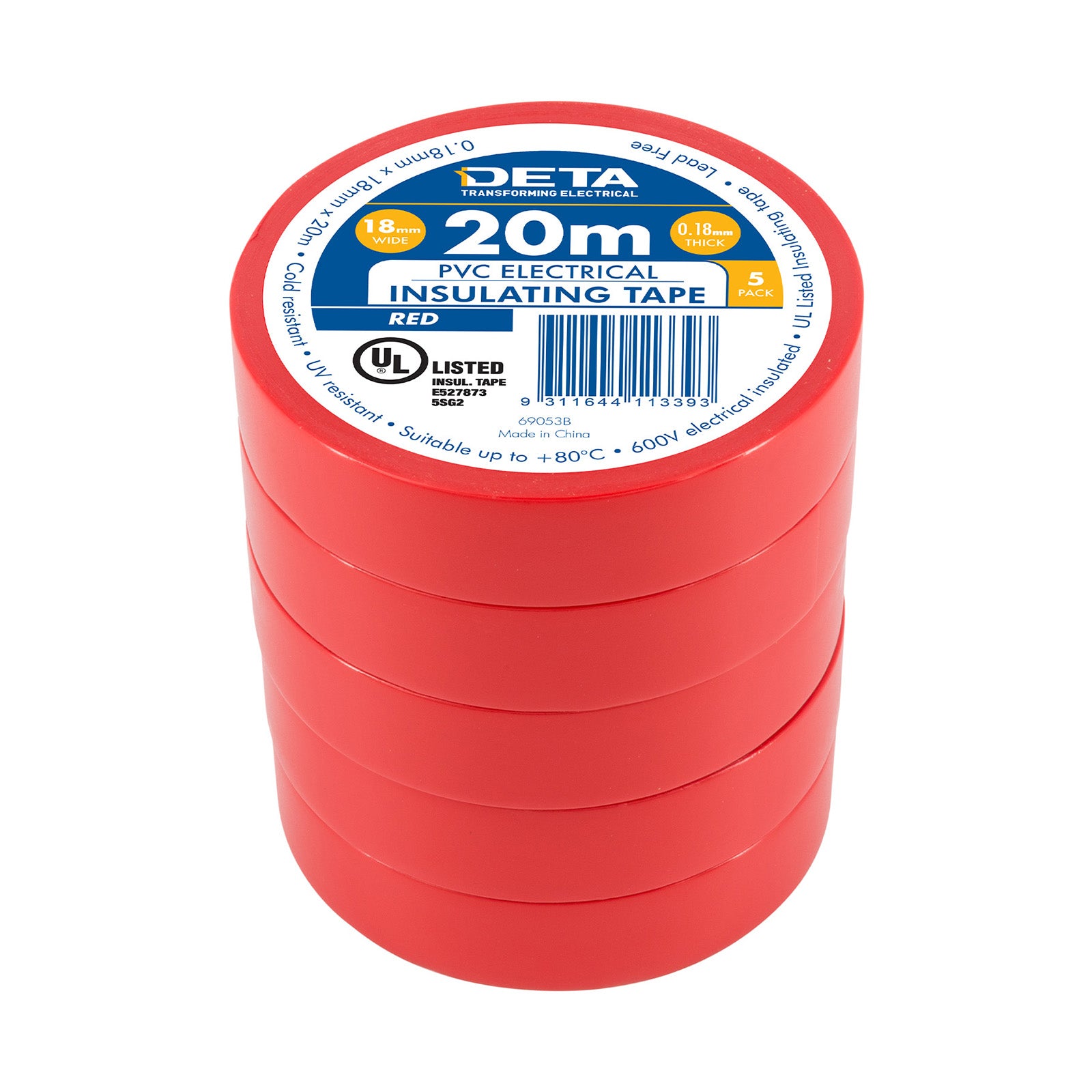 DETA 20m x 18mm Red Insulation PVC Tape - 5 Pack